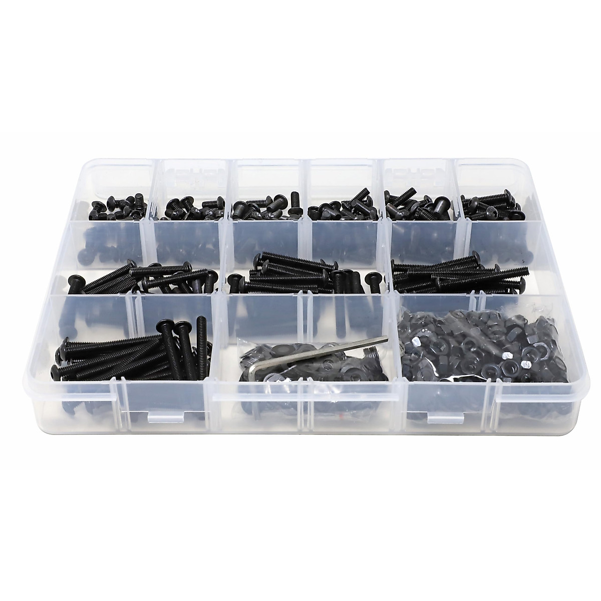 iexcell 675 Pcs M4 x 6/8/10/12/16/20/25/30/35/40 Alloy Steel 10.9 Grade Hex Socket Button Head Cap Screws Bolts Nuts Washers Assortment Kit, Black Oxide Finish