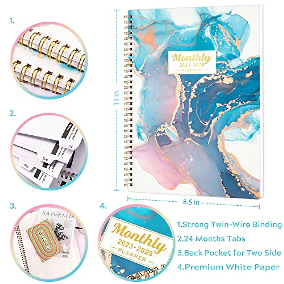 2023-2025 Monthly Planner/Calendar - Jul. 2023 - Jun. 2025, Monthly Planner 2023-2025, 8.5" × 11", Two-Year Monthly Planner with Flexible Cover, Monthly Tabs, Pockets - Pink Waterink