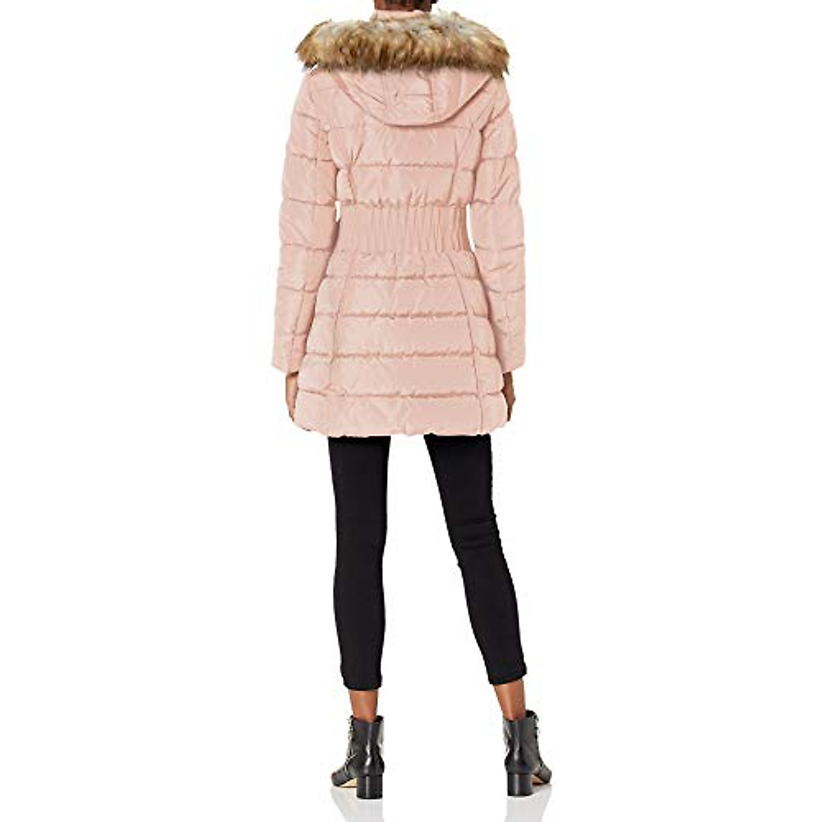 LAUNDRY BY SHELLI SEGAL Women's 3/4 Puffer Jacket with Zig Zag Cinched Waist and Faux Fur Trim Hood, Dusty Pink, Medium