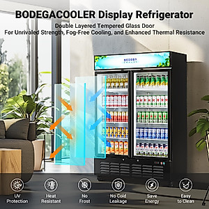 BODEGACOOLER Commercial Merchandiser Refrigerator, 36.3 Cu.Ft Upright Display Beverage Cooler, 2 Glass Door Display Refrigerator with Soft LED Light, Adjustable Shelves, 4 Strong Castors(Black)