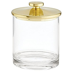 mDesign Small Modern Apothecary Storage Organizer Canister Jars - Acrylic Containers for Bathroom, Organization Holder for Vanity, Counter, Makeup Table, Lumiere Collection, 2 Pack, Clear/Soft Brass