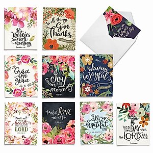 The Best Card Company - Assorted of 10 All Occasions Blank Notecards Box Set 4 x 5.12 Inch w/Envelopes, Floral Scripture Bible Quotes for Women (10 Designs, 1 Each) - Blessings M6634OCB