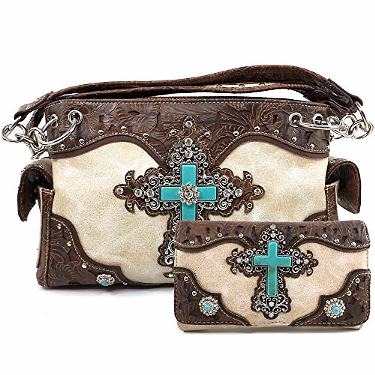 Zelris Turquoise Rhinestone Cross Western Women Conceal Carry Handbag Wallet Set (Beige)
