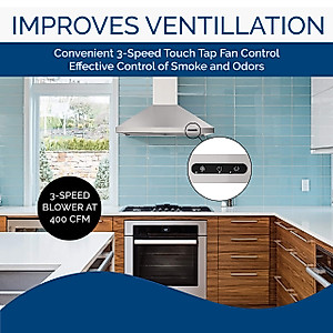 Broan-NuTone EW4830SS Stainless Steel LED, 400 30-inch Wall-Mount Convertible Chimney-Style Range Hood with 3-Speed Exhaust Fan and Light, 460 Max Blower CFM