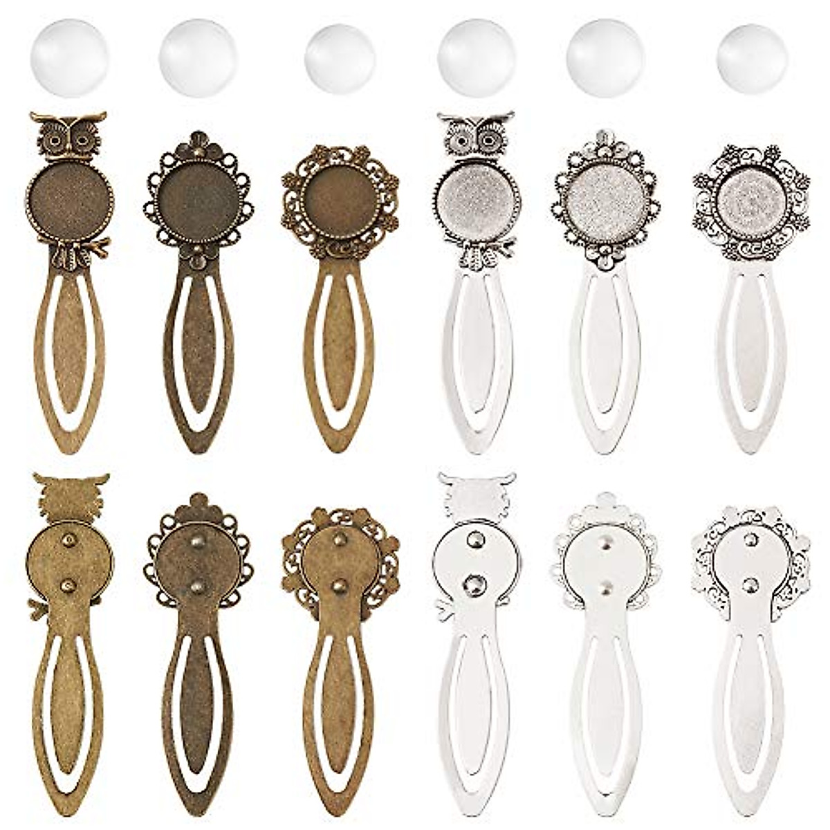 FASHEWELRY 24 Pcs 6 Styles Mixed Colors Bookmark Tray Pendant Kit Include 12Pcs Round Blank Bezel Base Setting Charms with 12Pcs Clear Glass Dome Tiles Cabochons (18mm, 20mm)