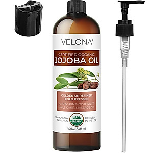 velona Jojoba Oil USDA Certified Organic - 16 fl oz (With Pump) | 100% Pure and Natural | Golden, Unrefined, Cold Pressed, Hexane Free