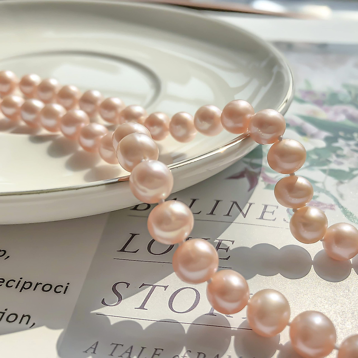 QuakerBrid Freshwater Cultured Pearl Set Jewelry for Women Includes Pearl Bracelet, Stud Earrings and Drop Dangle Earrings High Luster AAA Quality Genuine Round 8.0-9.0mm Pink Pearl Strand Necklace