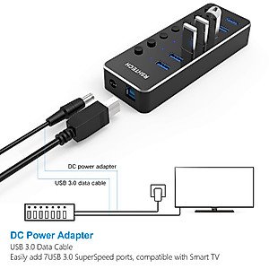 USB 3.0 Hub, RSHTECH 7 Port Powered USB Hub Expander Aluminum USB 3.0 Data Port hub with Universal 5V AC Adapter and Individual On/Off Switches USB Splitter for Laptop and PC(Black)