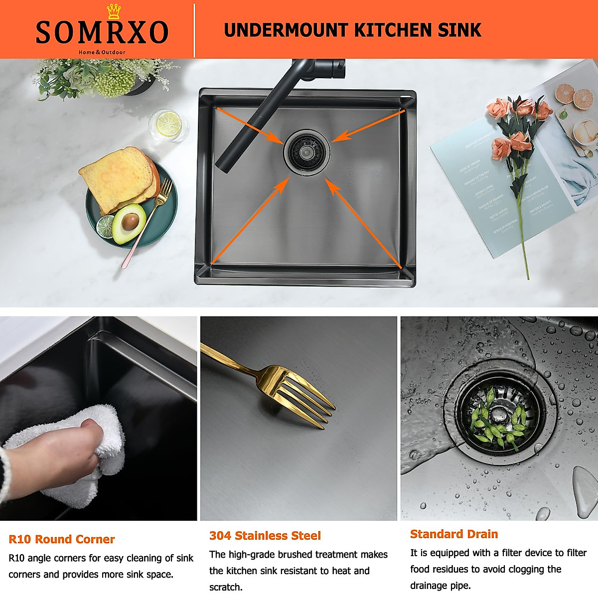 SOMRXO 20x18 Inch Undermount Workstation Bar Sink - 16-Gauge Gunmetal Black Stainless Steel, Single Bowl Compact Design for Outdoor, RV & Small Kitchens