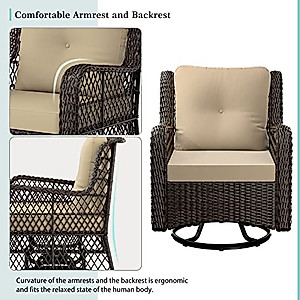 MOOLINCO 3 Pieces Swivel Rocking Chairs Set, Patio Furniture Set, with 2 Wicker Chairs, a Coffee Table and 2 Cushions, Indoor and Outdoor Universal Wicker Rocker (Khaki)