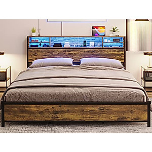 BTHFST King Size LED Bed Frame with Storage Headboard, USB Ports & Charging Outlets, Industrial Metal Platform Bed, Upgraded 2-Row Support Bars, No Box Spring Needed, Vintage Brown&Black (King)