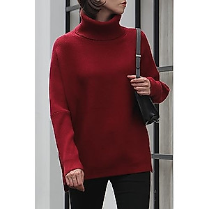 LANYO LILI Women Turtleneck Long Batwing Sleeve Spilt Hem Casual Oversized Pullover Sweater Knit Tops Burgundy
