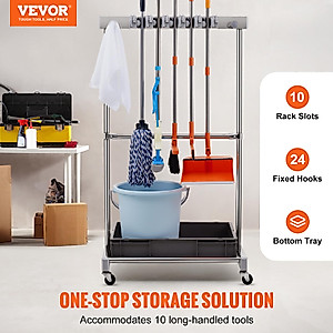 VEVOR Garden Tool Organizer, 10 Slots with Hooks, Yard Tool Tower Rack with Wheels for Garage Organization and Storage, Hold Long-Handled Tool/Rake/Broom, Metal Tool Stand Holder for Shed, Outdoor