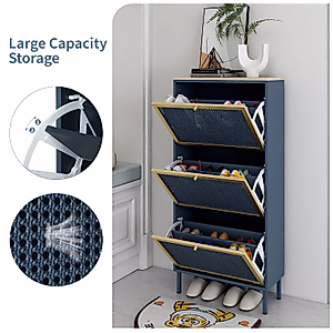 mixtavie Metal Rattan Shoe Cabinet with 3 Flip Drawers, 3-Tier, Free Standing, Hidden Shoe Storage for Entryway and Living Room, Blue (Set of 1)