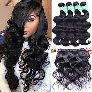 ANNELBEL Brazilian Hair 4 Bundles Body Wave 8A Virgin Unprocessed Human Hair Bundles Remy Human Hair Extensions Weave - Wavy Hair, Double Weft, Natural Black, (10", 50g)/Bundle