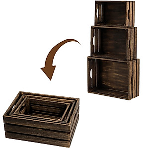 ZOOFOX Set of 3 Nesting Wooden Crates, Rustic Wood Basket with Handles, Decorative Farmhouse Wooden Storage Container Boxes for Party, Office, Bedroom, Kitchen and Closet