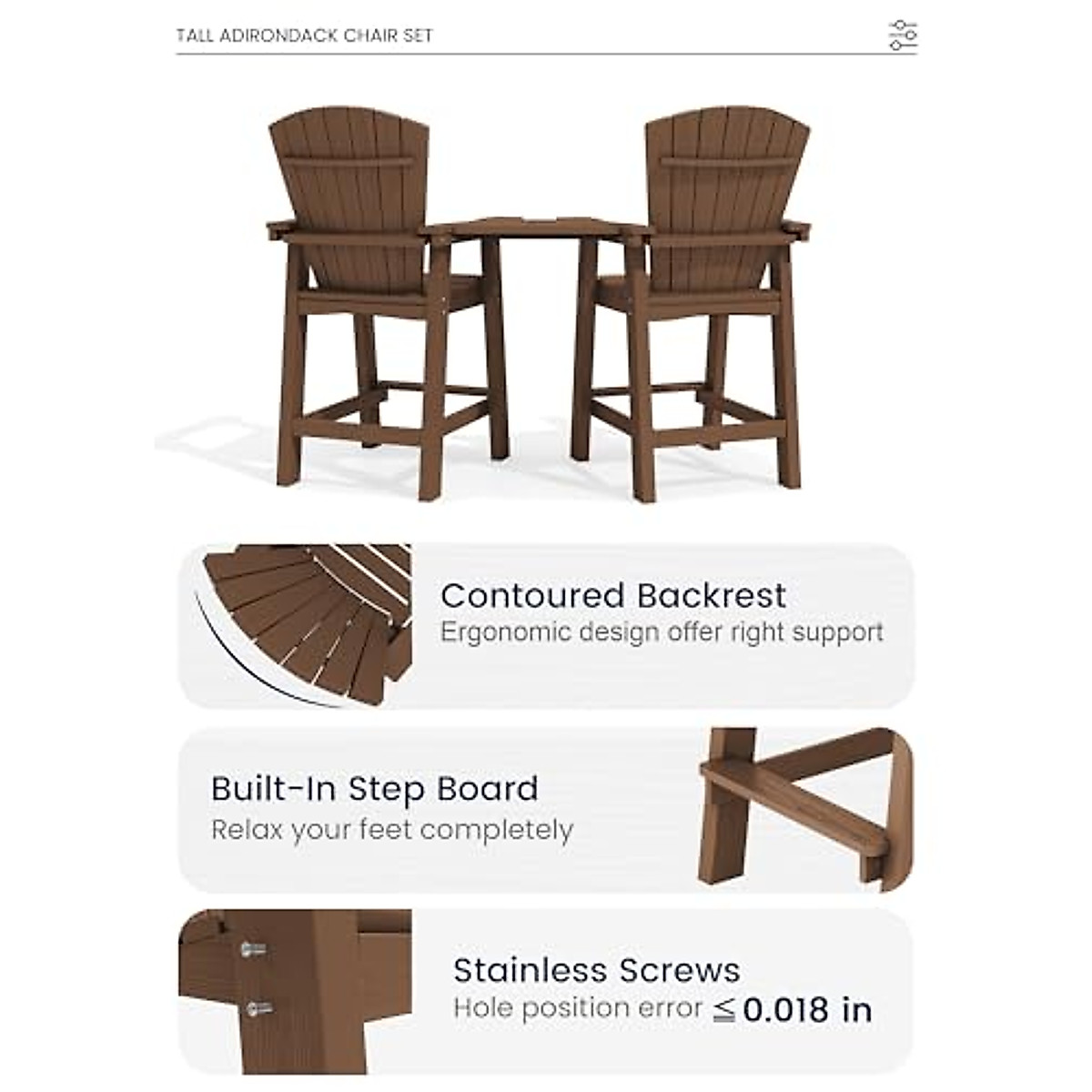 KINGYES Embossed Balcony Chair, Tall Adirondack Chair Set of 2 Outdoor Adirondack Barstools with Connecting Tray, High Airondack Chair with Wood Grain, Brown