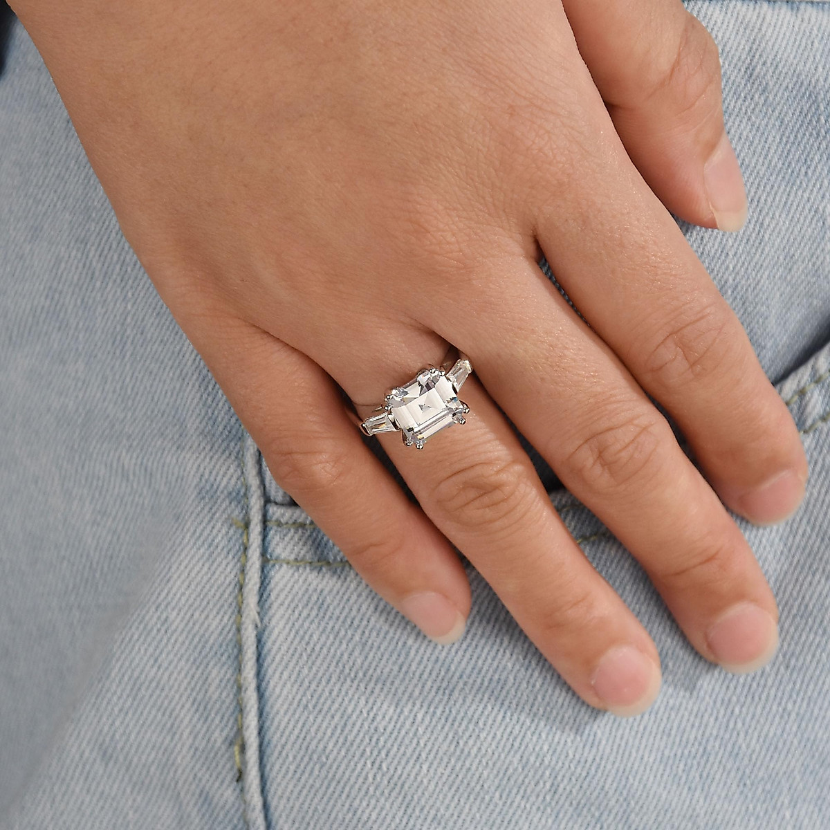 Bling Jewelry Personalize Traditional Classic 5CT AAA CZ Side Stones Baguette Solitaire Square Asscher Cut Statement Engagement Ring For Women Thin Band .925 Sterling Silver Customizable