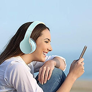 LOBKIN Over Ear Headphones with Microphone, Stereo Hi-Fi Sound Noise Cancelling Headphones, Portable FM Radios TF Foldable Headsets Wireless Bluetooth Headphones (Powder Blue)