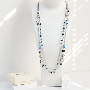 Noessla Layered Long Necklaces for Women Crystal Beaded Statement Necklace Sweater Silver Chain with Gifts Box Jewelry(Blue)