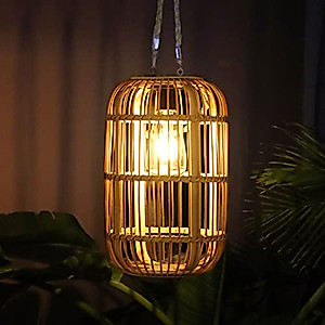 Livinlarge Solar Lantern Outdoor Waterproof, Large Rattan Solar Lantern Outdoor Hanging with Handle, Natural Bamboo Solar Outdoor Lights with Edison Bulb for Garden Patio Yard Tabletop Decoration
