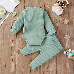 CIYCUIT Newborn Baby Boy Girl Outfits Long Sleeve Ribbed Romper Pants Set 0 3 6 12 18 24 Months Gender Neutral Baby Clothes Light Green 12-18 Months