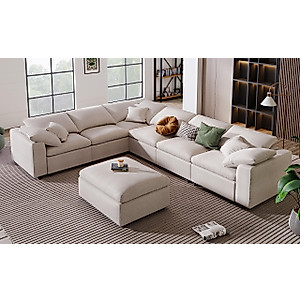 WILLIAMSPACE 130.2" Oversized Beige Sectional Couch Sofa for Living Room, Modular Upholstered Sofa Couch with Ottoman, L Shaped Corner Sectional with 5 Pillows for Spacious Space (Beige)