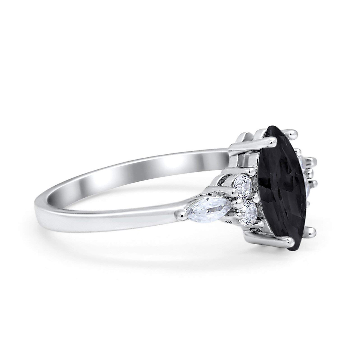 Simulated Black Cubic Zirconia Size-9 Art Deco Vintage Style Marquise Wedding Engagement Bridal Ring Round Simulated Cubic Zirconia 925 Sterling Silver