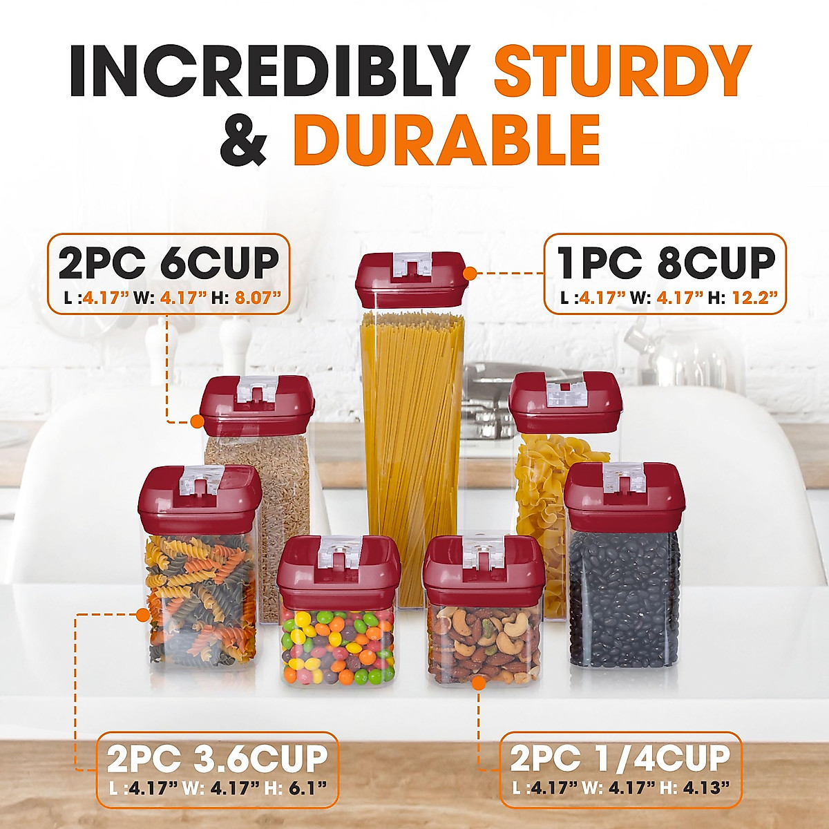 Cheer Collection Stackable Airtight Food Storage Containers - BPA Free Plastic Food Organizer for Pantry with Dry Erase Marker and Labels, Red (Set of 7)