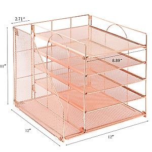 LEKETREE Desk Organizers and Accessories, 5-Tier Paper Letter Tray Organizer with File Holder, Office Supplies for Women, Desk Accessories & Workspace Organizers(Rose Gold)
