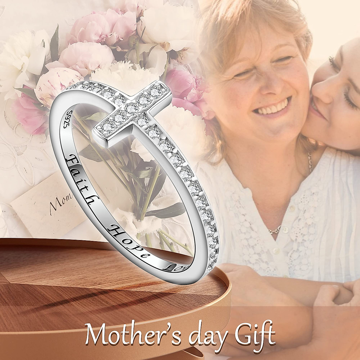 EVER FAITH 925 Sterling Silver Shiny CZ Ring, Engraved Faith Hope Love Sideways Cross Ring for Women -Size 7