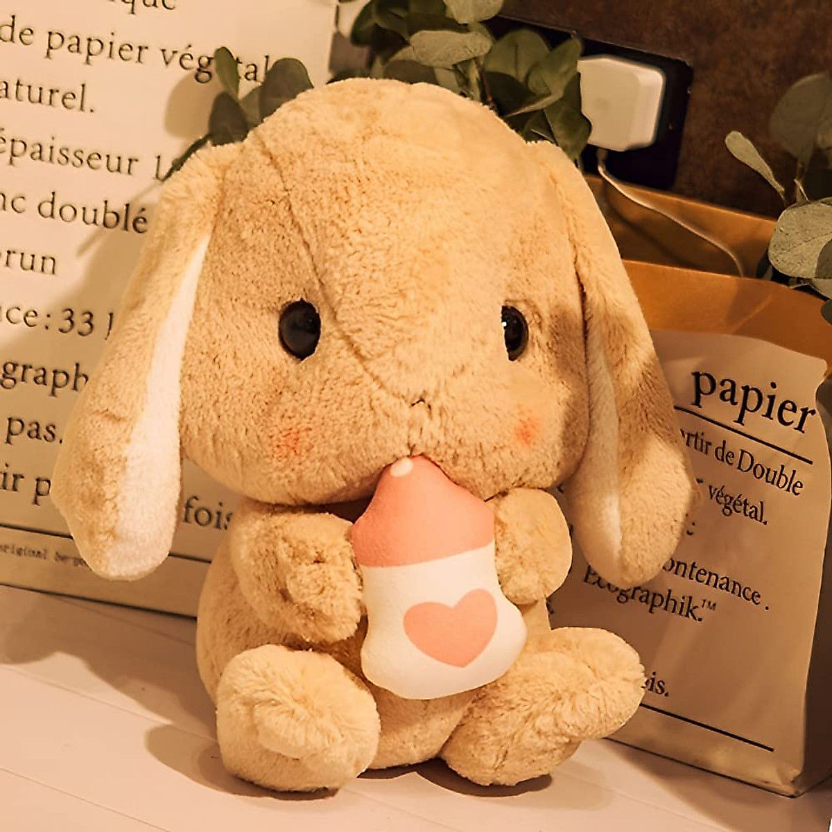 HOUPU Soft Toy - Sitting Lop Eared Rabbit, Easter White Rabbit Stuffed Bunny Animal with Carrot Soft Lovely Realistic Long-Eared Standing Pink Plush Toys (Brown-Milk Bottle,8.6in/22cm)