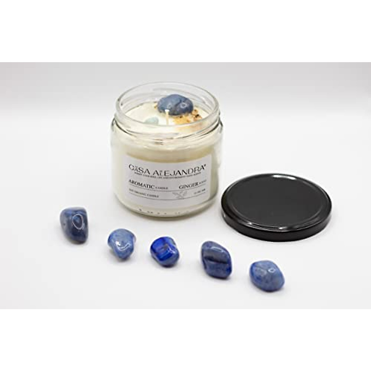 Ginger Aromatherapy Candle with Blue Quartz, White and Amazonite + Healing Crystal+ Soy Wax + Scented Oil + Botanical Decoration + Quartz 12 oz. La CASA de ALEJANDRA