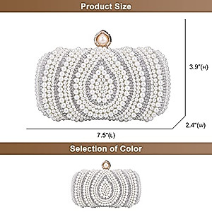 UONIFANS Womens Evening Bags Artificial Pearl Clutch Purse Shiny Rhinestones Handbag for Wedding Party Prom Women Bag (White)