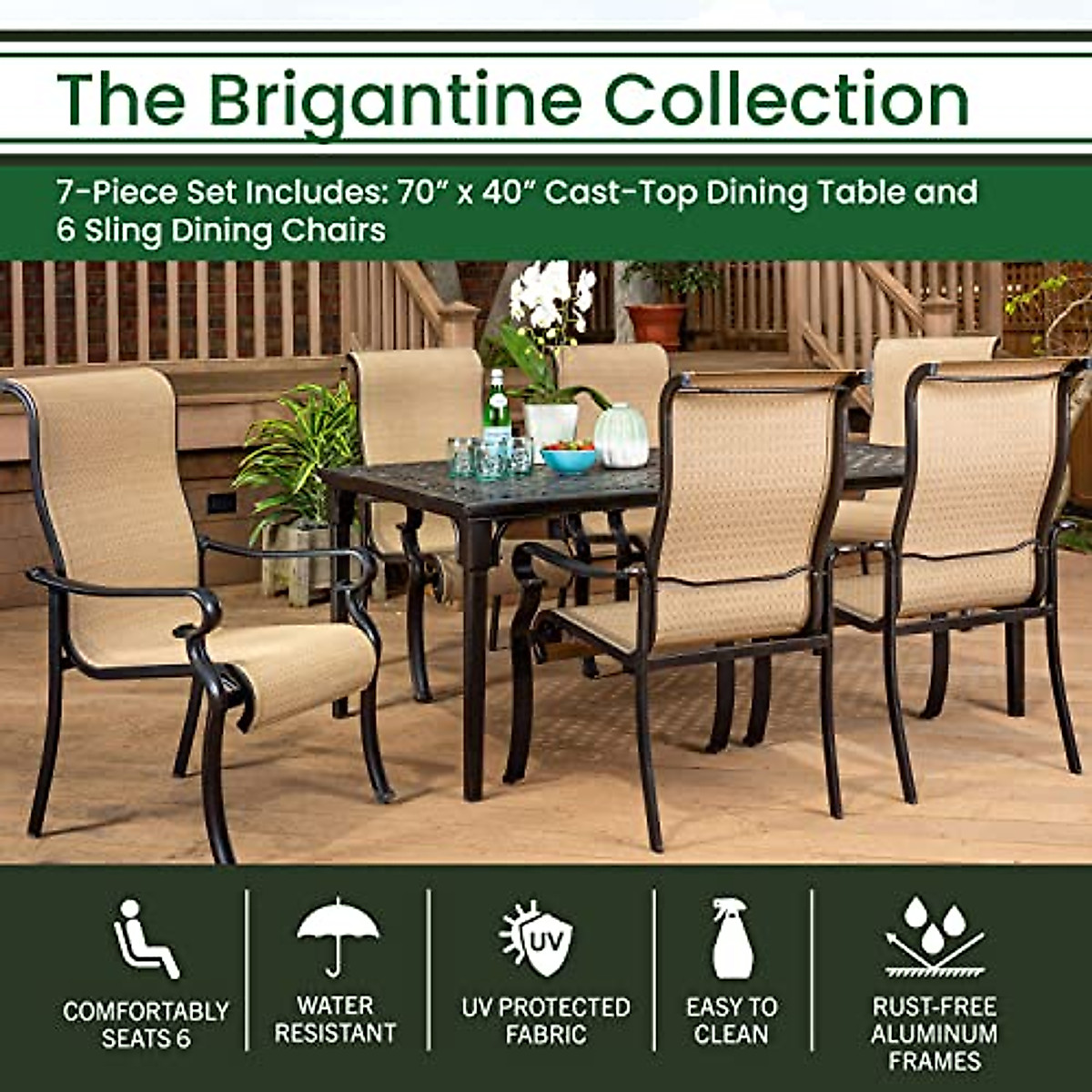 Hanover Brigatine 7-Piece Modern Patio Dining Set with 6 Quick-Dry Tan Sling Chairs and 40"x70" Square Cast-Top Table, All-Weather Outdoor Furniture Set for Backyard and Deck