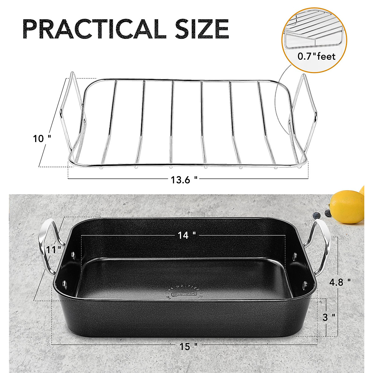 MICHELANGELO Roasting Pan with Rack, Carbon Steel Turkey Roasting Pan for Oven and Induction, Nonstick Turkey Roaster Pan with Stainless Steel Rack, 15 Inch x 11 Inch