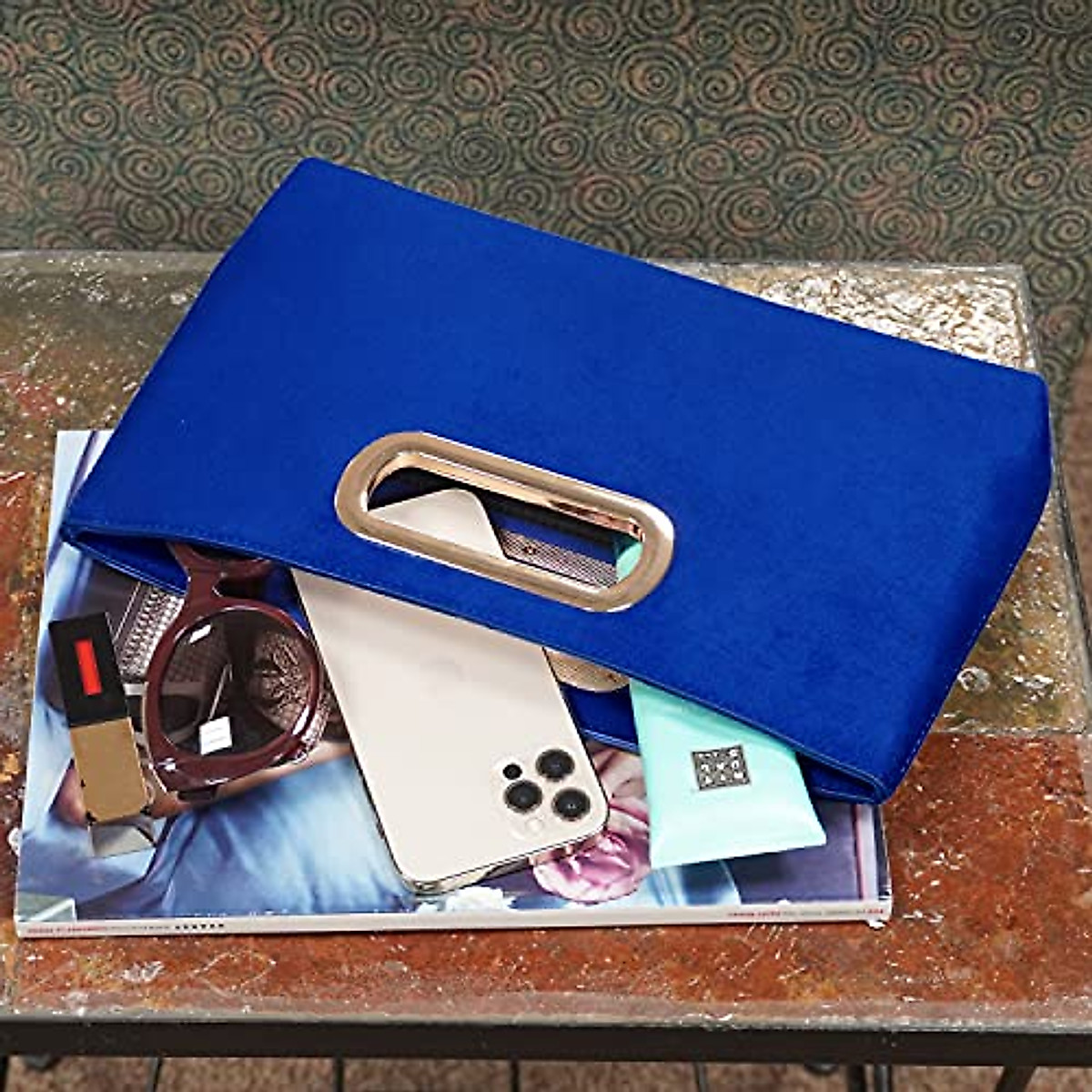 Top Handle Faux Suede Clutch, Royal Blue