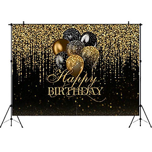 Aperturee 7x5ft Happy Birthday Backdrop Glitter Black and Gold Bokeh Balloons Golden Sparkle Sequin Spots Photography Background Adult Women Girl Banner Party Decoration Photo Booth Studio Cake Table