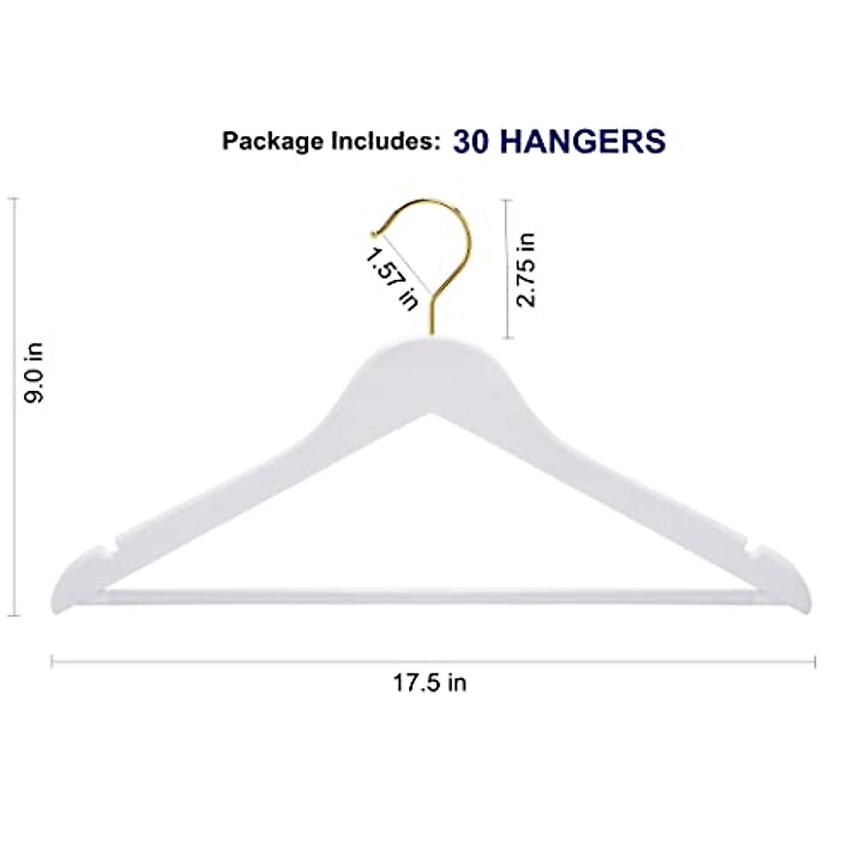 Amber Home Solid Wood Suit Coat Hangers 20 Pack, Smooth White Finish Wooden Dress Hangers with Non Slip Pant Bar, Clothes Hangers with Gold Hook & Notches for Jacket, Pant, Shirt (White+Gold, 20)