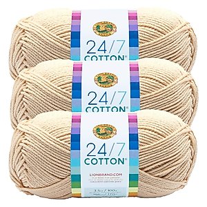 Lion Brand 24/7 Cotton Yarn, Lightweight Yarn for Knitting, Crocheting, and Crafts, Ecru, 3 Pack