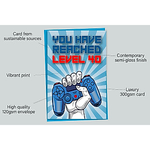 40th Birthday Card, You Have Reached Level 40, Greeting Card for Forty Year Old Gamer Birthday Gift for Adult Son or Daughter, For Him Her Mom Dad, Blue