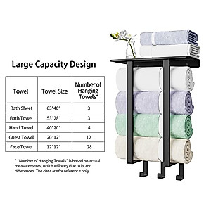 Towel Racks for Bathroom Wall Mounted, BETHOM Metal Square Tube Towel Rack with Shelf & 3 Hooks, Towel Storage Holders Wall for Rolled Bath Towel, Washcloths, Hand Towels, Black