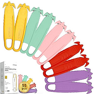 55-Pack Safety Box Cutter Knife of Recessed Concealed Stainless Steel Blade, Package Opener Plastic Cutter for Box, Carton, Shrink Wrap, Plastic Straps, 5colors