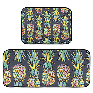 Pineapples Kitchen Rugs and Mat 2 Pieces Set Cushioned Anti Fatigue Kitchen Mat Non Slip Doormat Runner Carpet Washable Farmhouse Decor for Kitchen Floor Home Office Laundry