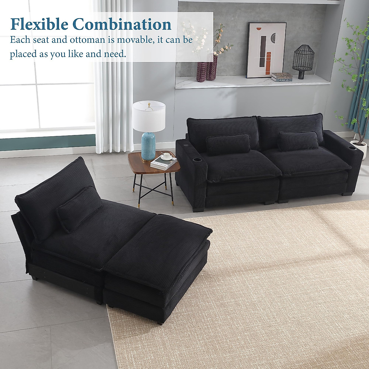 Tmsan 117.7" L Shaped Sectional Sofa with Cup Holders & USB Ports, Modern 3 Seat Cloud Couch with Double Cushions & Ottoman for Living Room, Apartment, Black Corduroy