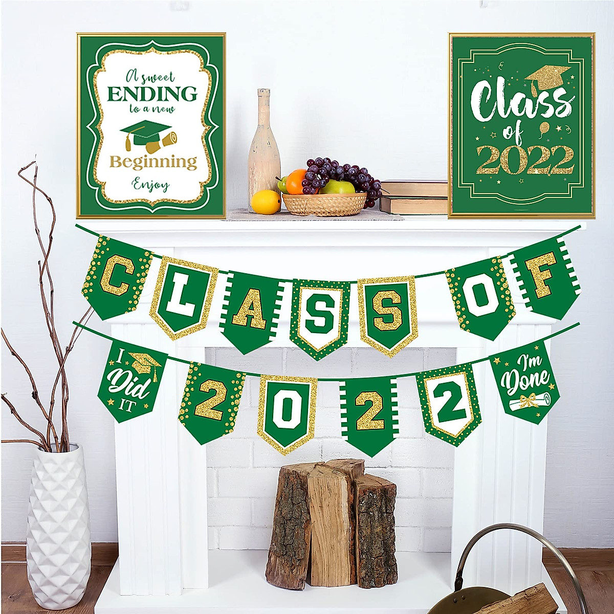 Graduation Party Decoration Set Congrats Grad Banner Class of 2022 Sign Party Supplies Centerpieces Decorations for High School Party (Green 2022)
