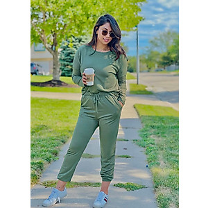 PRETTYGARDEN Women's Fall 2 Piece Lounge Outfit Long Sleeve Crewneck Pullover Tops High Waisted Pants Set Tracksuit (Light Green,Medium)