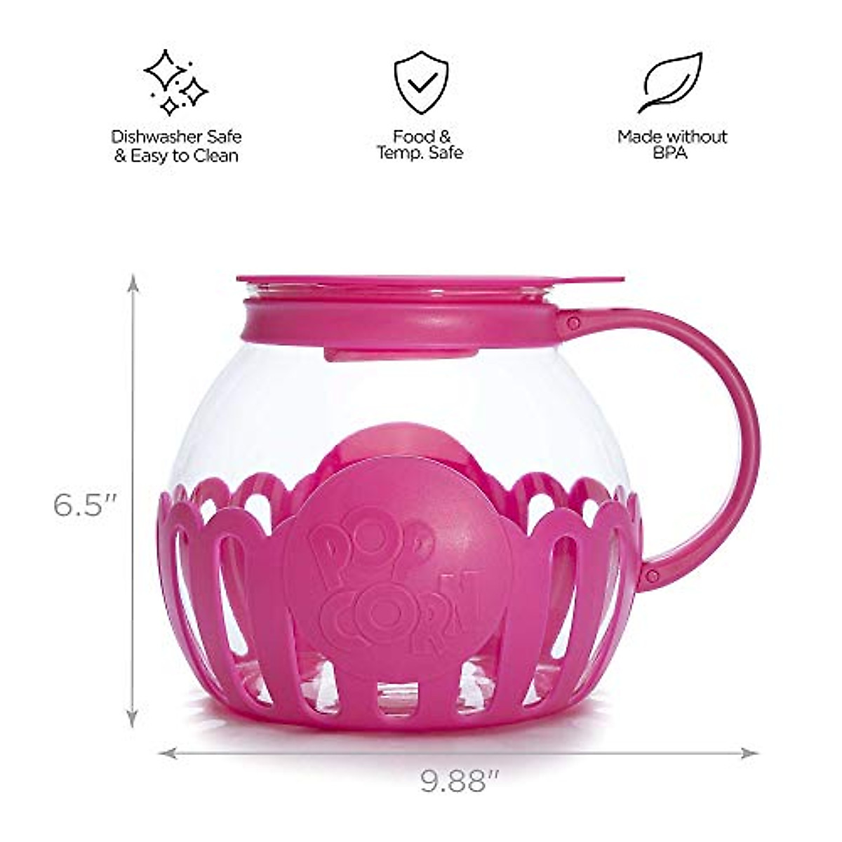 Ecolution Patented Micro-Pop Microwave Popcorn Popper with Temperature Safe Glass, 3-in-1 Lid Measures Kernels and Melts Butter, Made Without BPA, Dishwasher Safe, 3-Quart, Hot Pink