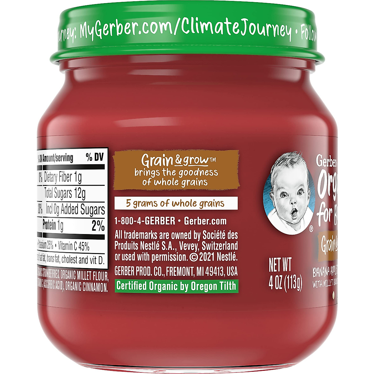 Gerber 2nd Foods Organic for Baby Grain & Grow Baby Food Jar, Banana Apple Strawberry with Millet Quinoa & Cinnamon, 4-Ounce Glass Jar (Pack of 6)