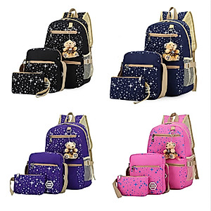 Star-Print Backpack 3Pcs Elementary Girls Bookbag Rucksack Set with Crossbody Bag Canvas Daypack Casual